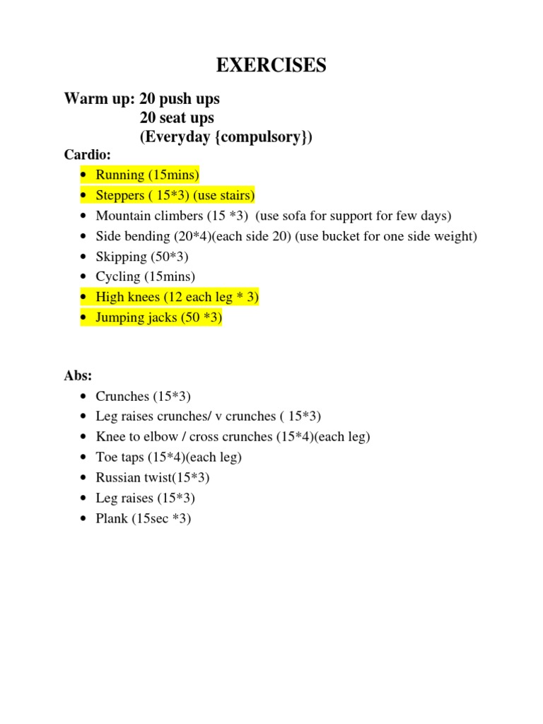 Exercises: Warm Up: 20 Push Ups 20 Seat Ups (Everyday (Compulsory) ) | PDF
