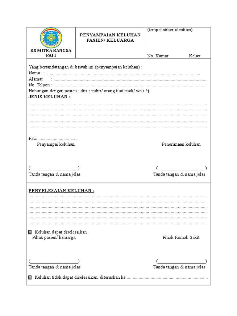Formulir Keluhan Pasien RS Mitra Bangsa | PDF