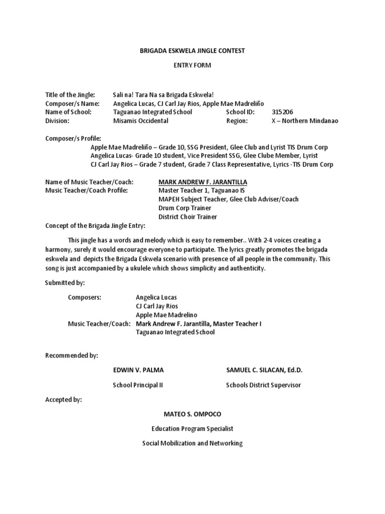 Brigada Eskwela Jingle Contest Entry Form | PDF | Performing Arts ...