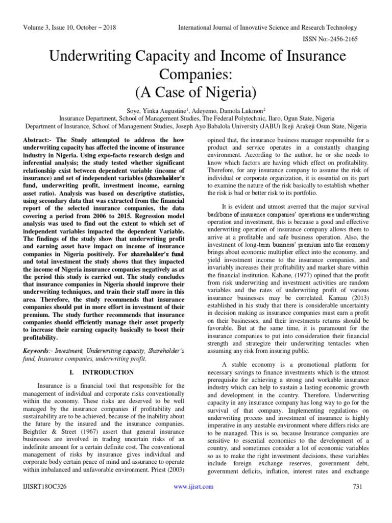 Underwriting Capacity and Income of Insurance Companies: (A Case of ...