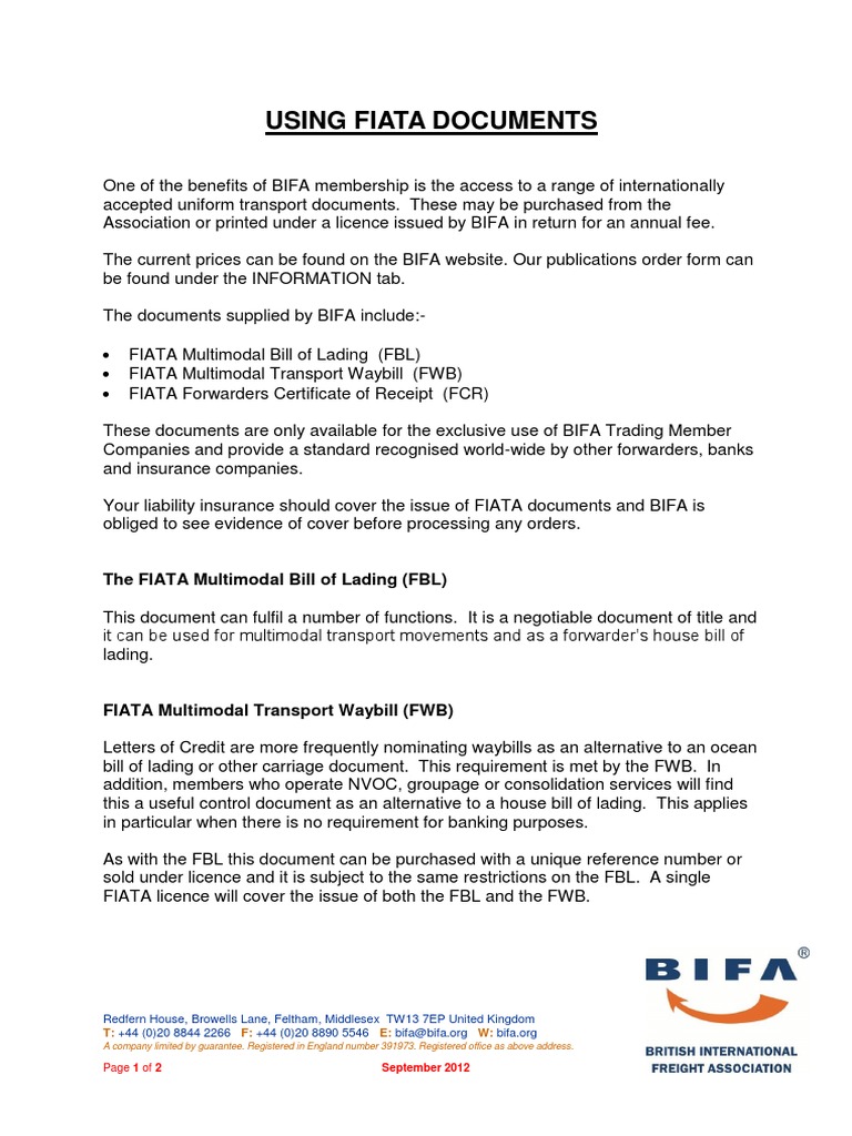Fiata Documents 2012 | Bill Of Lading | Service Industries