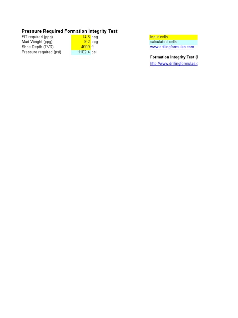 Formation Integrity Test Pressure Calculation | PDF