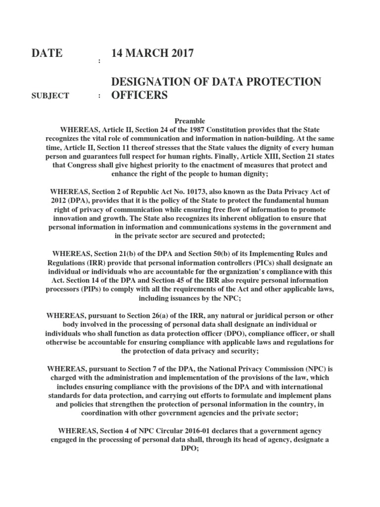 NPC Advisory - Designation of Data Protection Officer | PDF ...