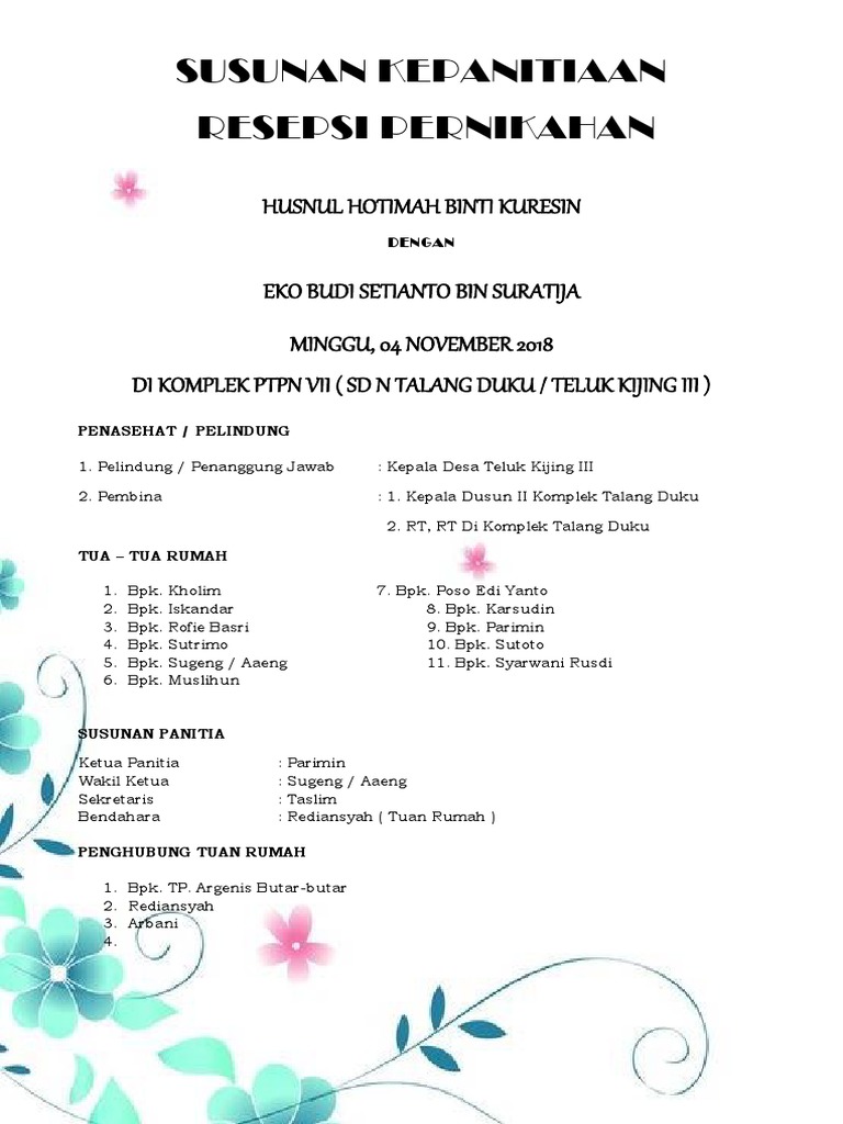 Susunan Kepanitiaan Resepsi Pernikahan | PDF