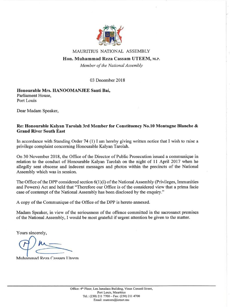 Letter Sent to Honourable Mrs. Hanoomanjee Re Honourable Kalyan Tarolah ...