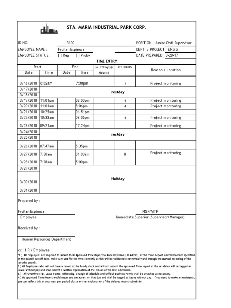 Sta. Maria Industrial Park Corp.: Time Entry | PDF | Employment ...