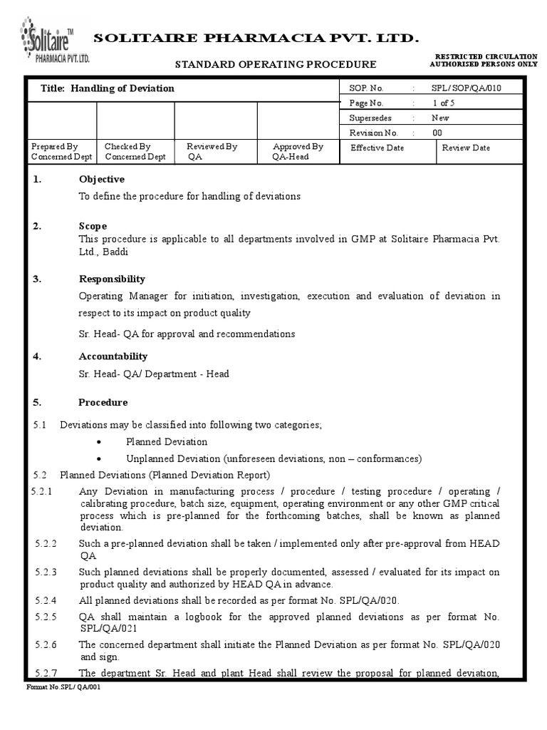 Deviation Handling SOP in Pharma | PDF | Quality Assurance | Business