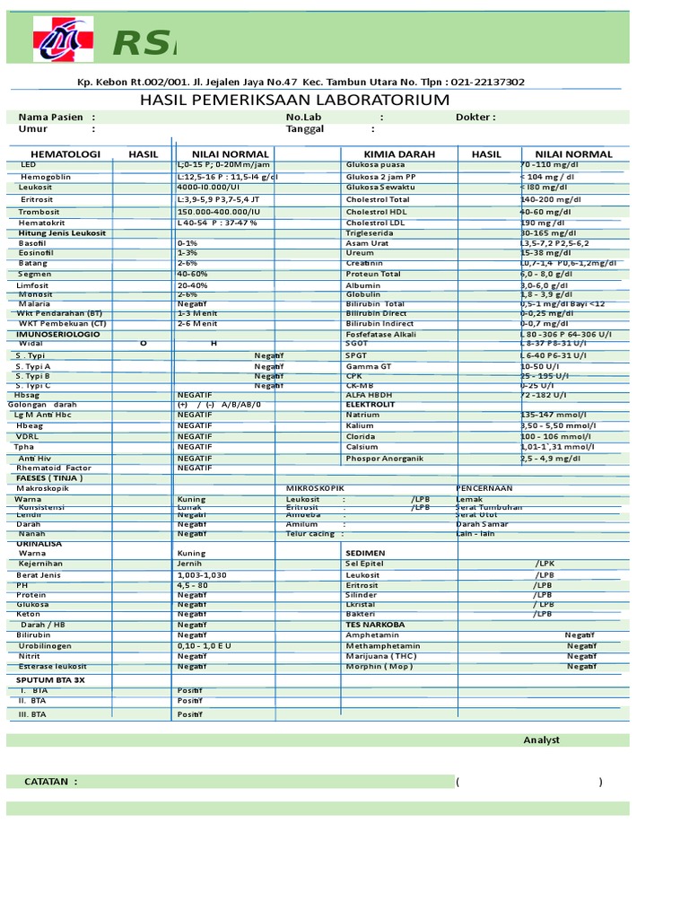 Hasil Pemeriksaan Laboratorium: Hematologi Hasil Nilai Normal Kimia ...