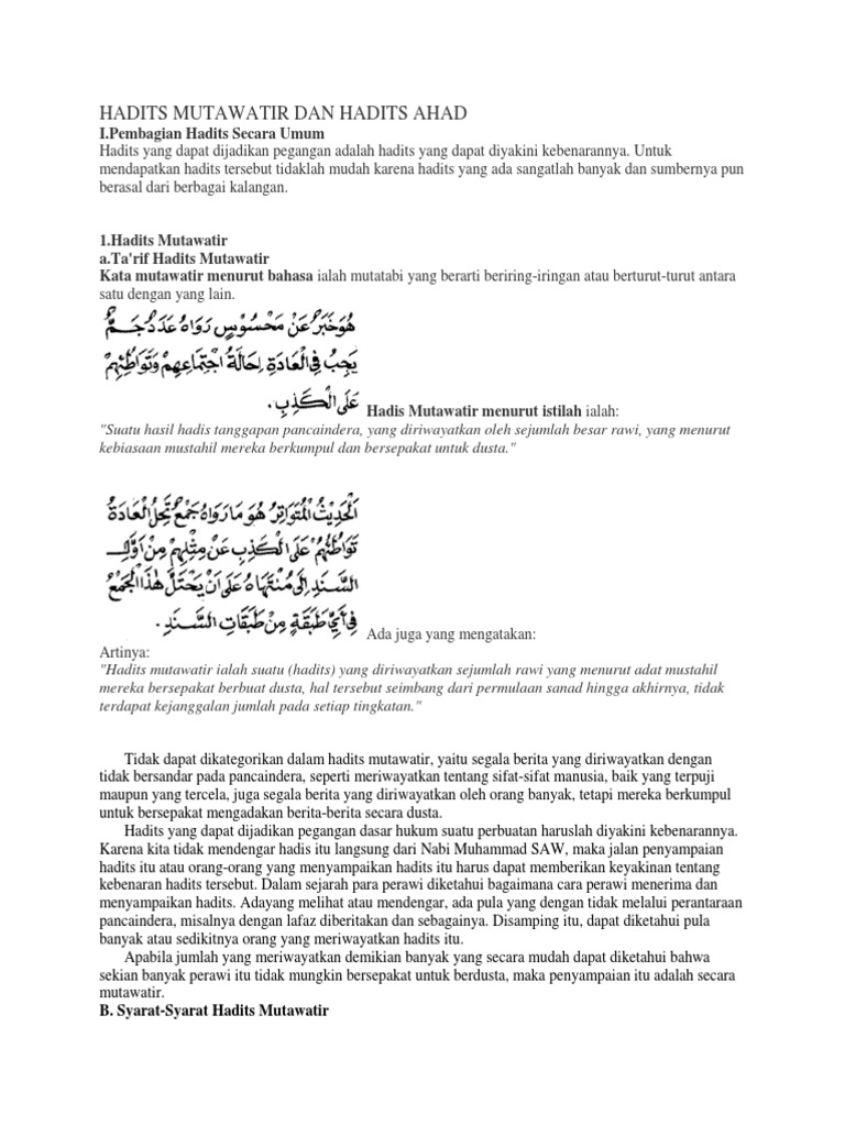 Hadits Mutawatir Dan Hadits Ahad | PDF