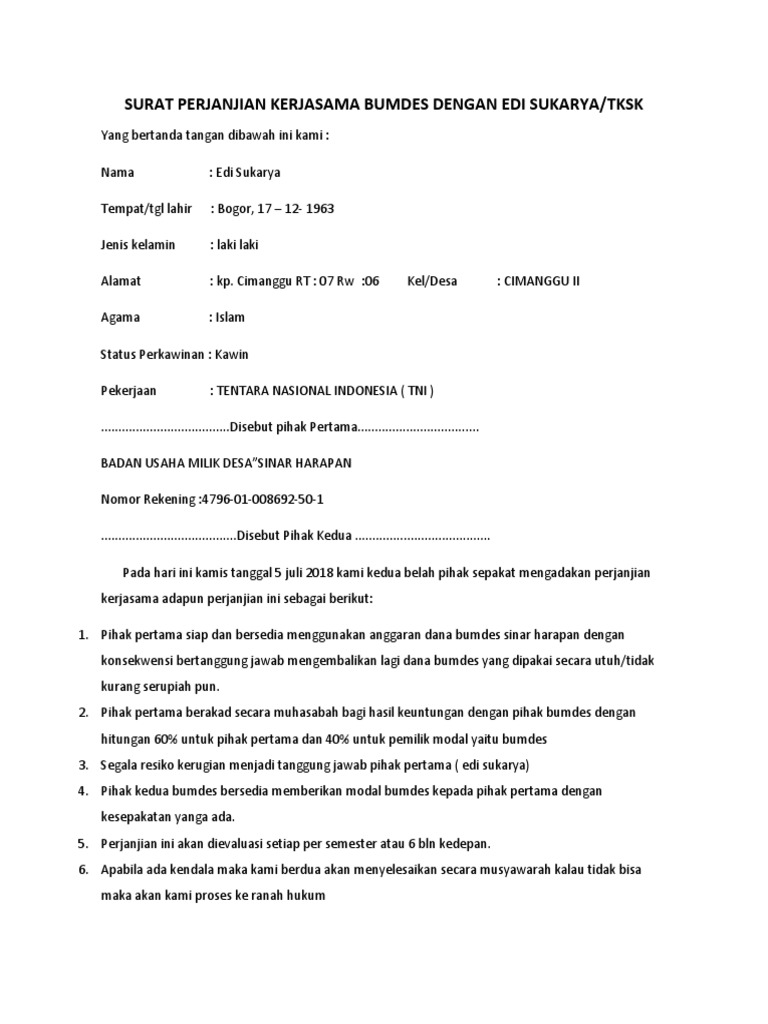 Surat Perjanjian Kerjasama Bumdes Dengan Edi Sukarya | PDF | Game ...