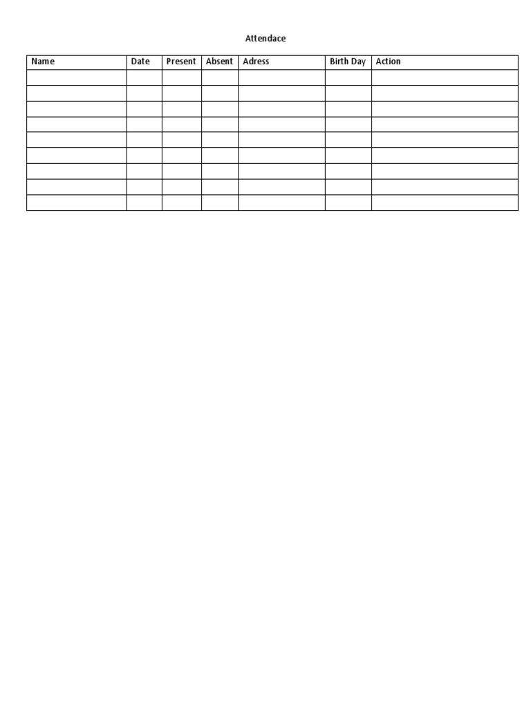 Attendace Name Date Present Absent Adress Birth Day Action | PDF