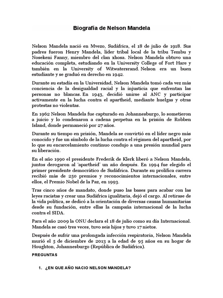 Biografía de Nelson Mandela | PDF | Nelson Mandela | Segregación racial