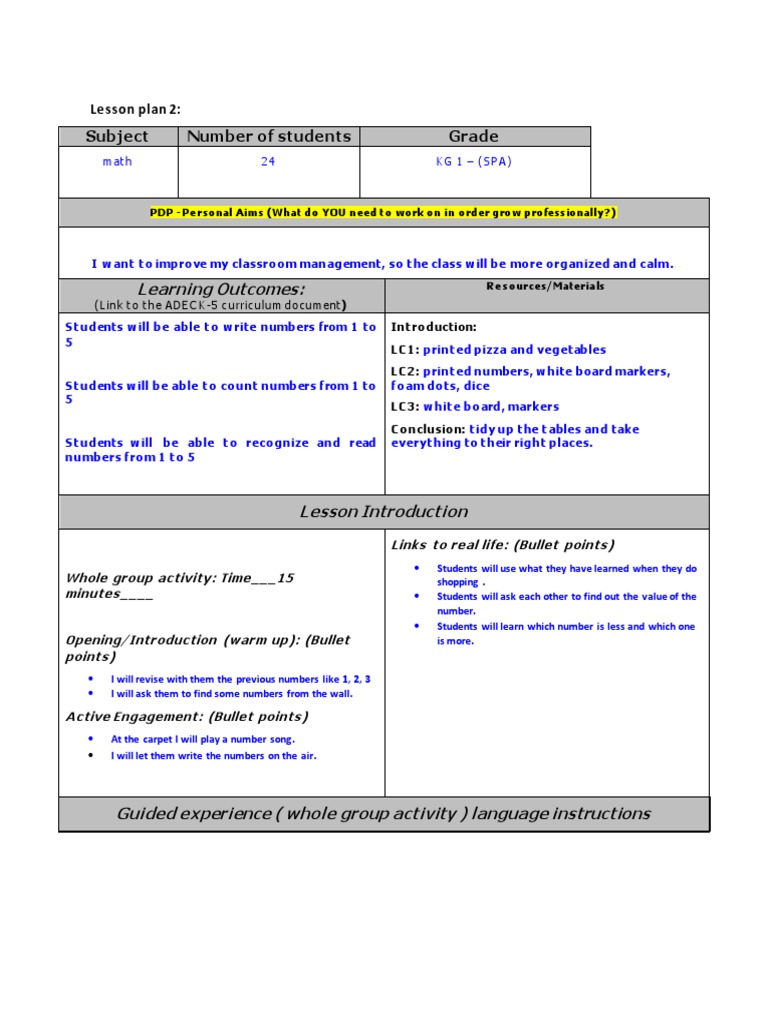 Subject Number of Students Grade: Lesson Plan 2 | PDF
