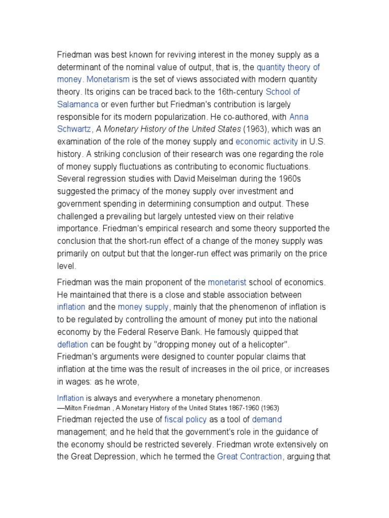 Friedman Was Best Known For Reviving Interest in The Money Supply As A ...