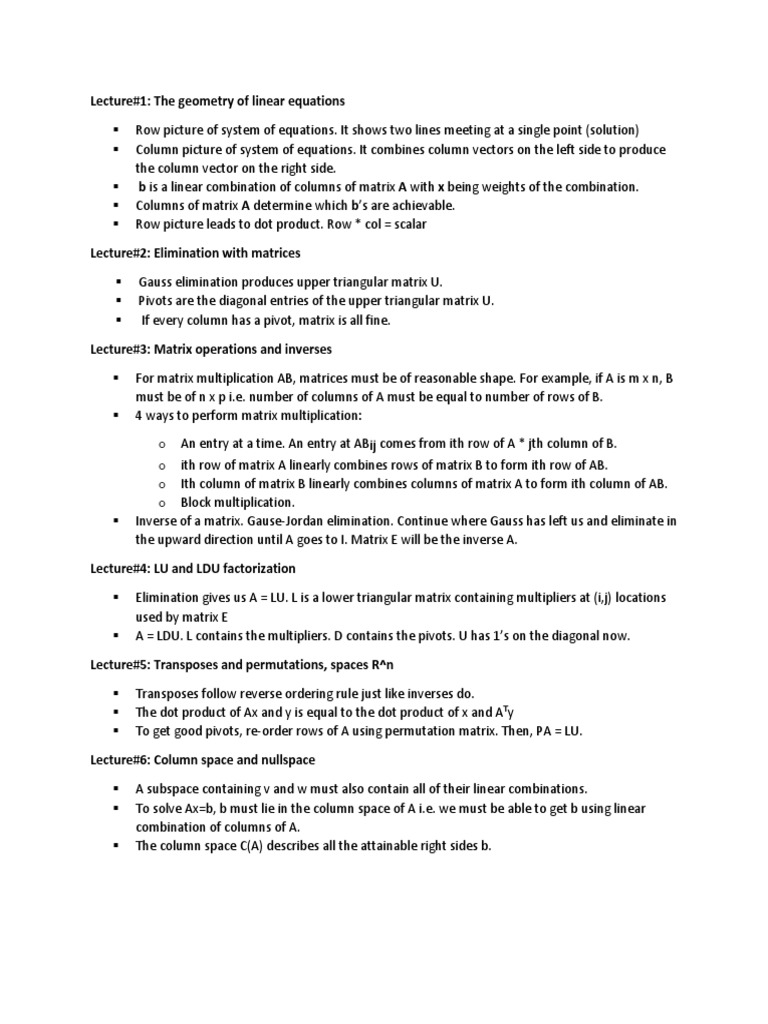 Lecture#1: The Geometry of Linear Equations | PDF | Matrix (Mathematics ...