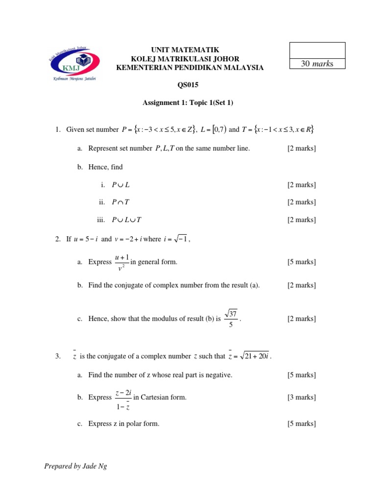 QS015 Assignment 1set1 | PDF | Complex Number | Elementary Mathematics