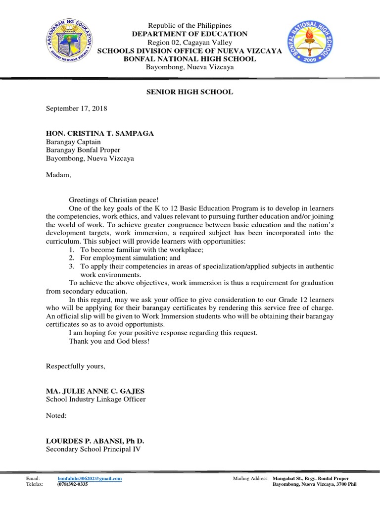 Immersion Letter To Mho and Barangays | PDF | Schools | Secondary Education