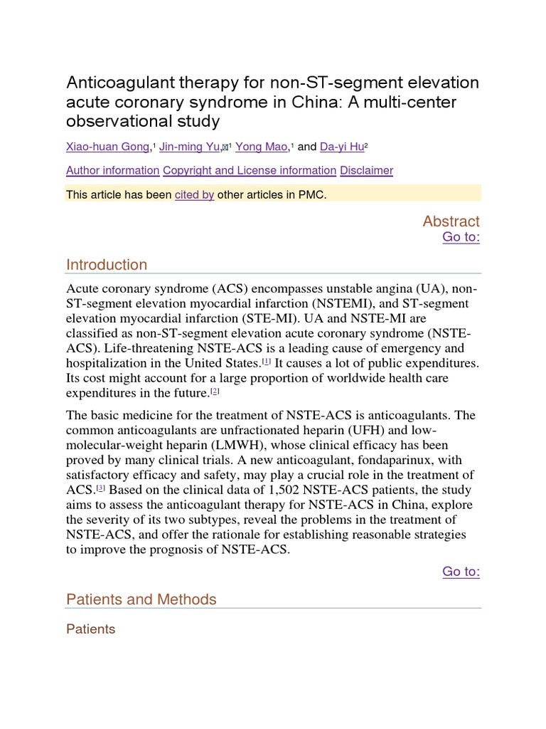 Anticoagulant Therapy For Nonstemi | PDF | Percutaneous Coronary Intervention | Coronary Artery ...