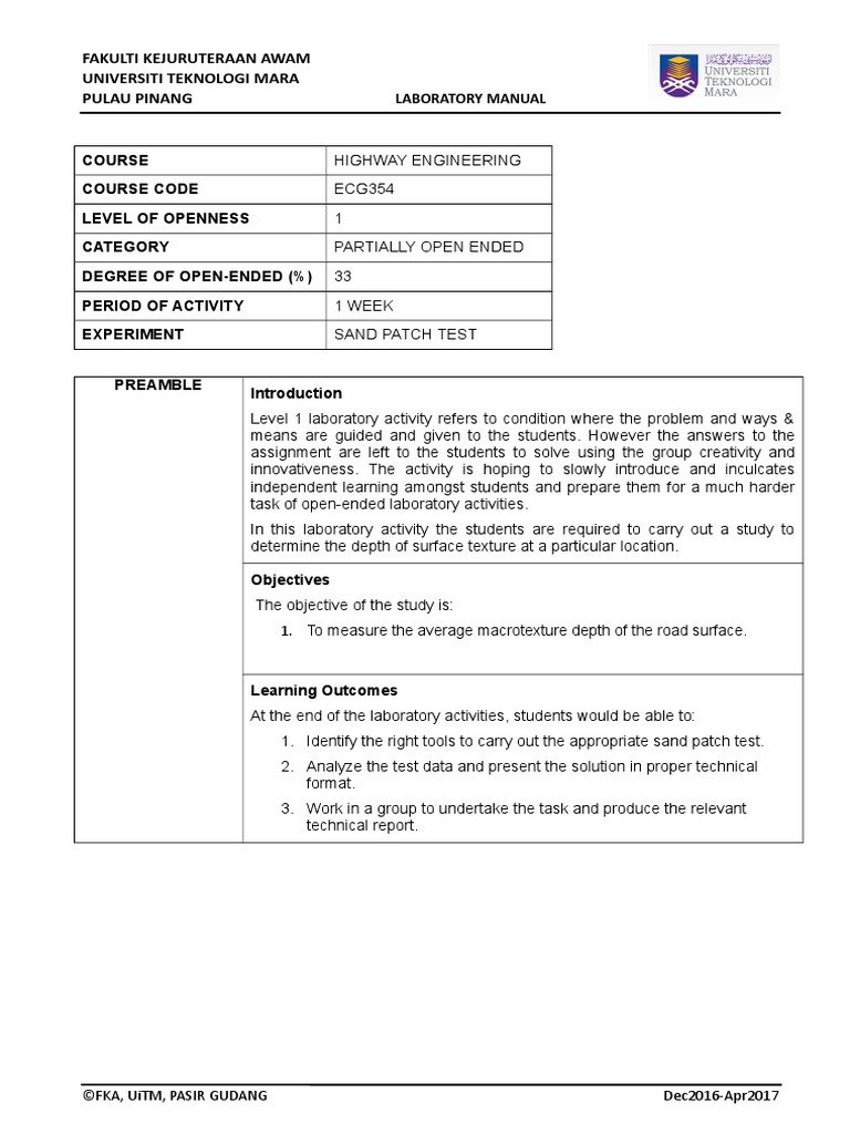 LEVEL 1 - Sand Patch Test.doc | Sand | Road Surface