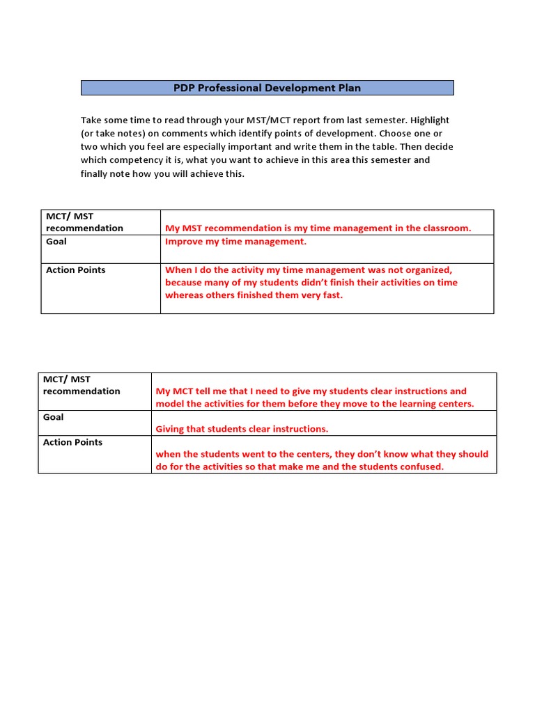PDP Professional Development Plan: MCT/ MST Recommendation Goal Action ...