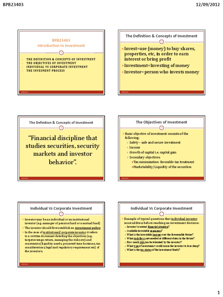Introduction To Investment | PDF | Investor | Securities (Finance)