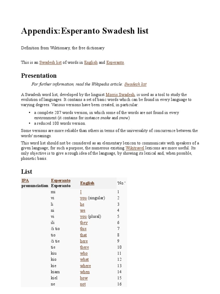 Appendix Esperanto Swadesh List | PDF | Grammatical Gender ...