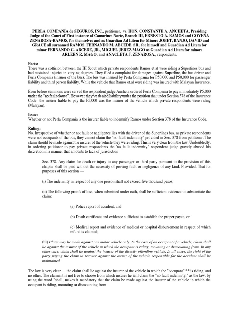 Insurance - Perla Compania V Ancheta | PDF | Indemnity | Insurance