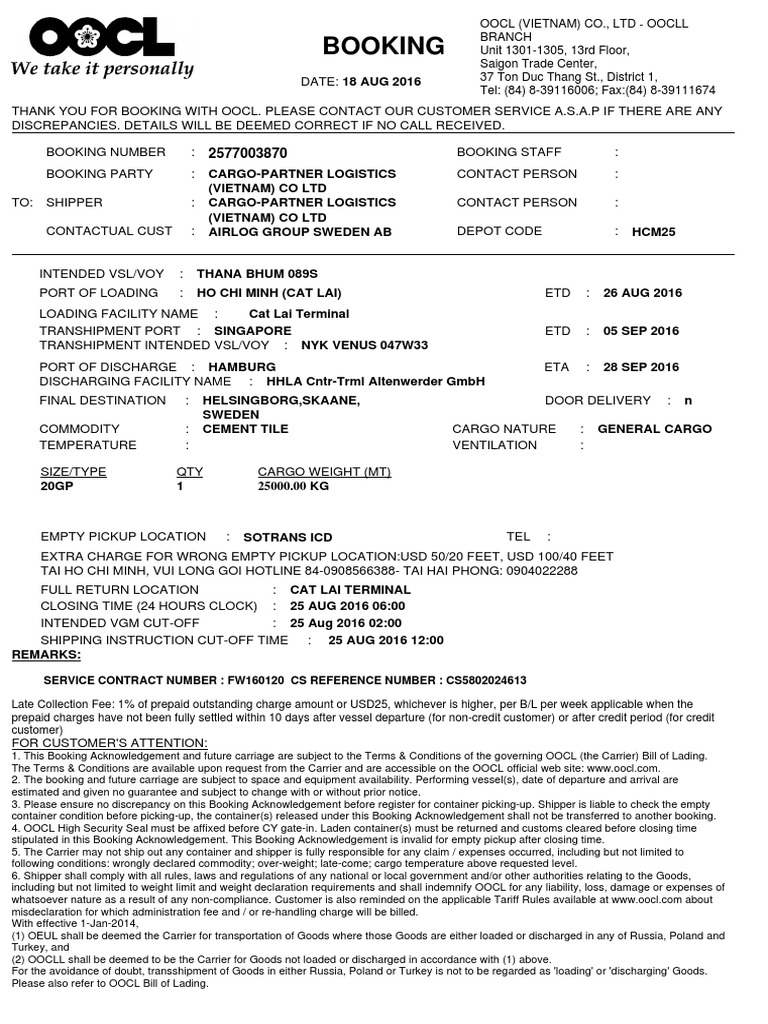 OOCL Booking Confirmation Details | PDF | Cargo | Common Carrier