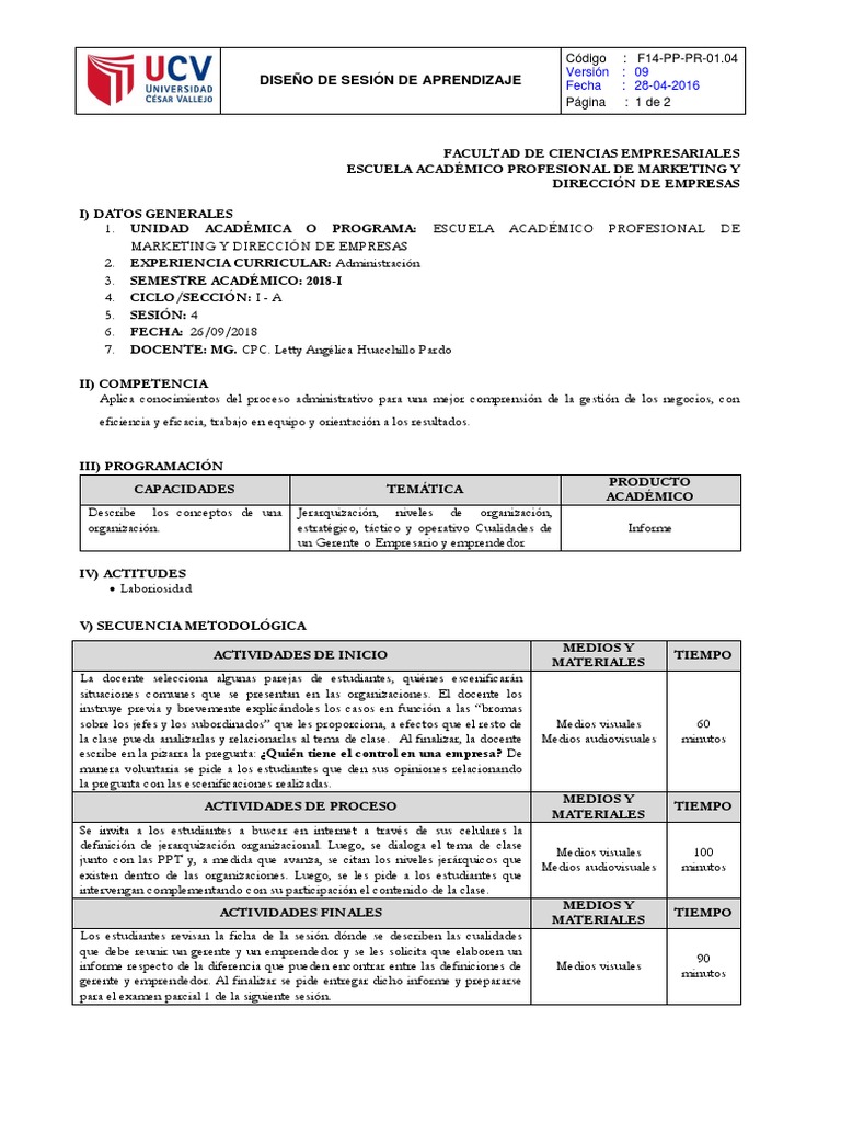 04 f14 PP PR 01.04 Diseño de Sesión Aprendizaje Administración | PDF | Marketing | Maestros