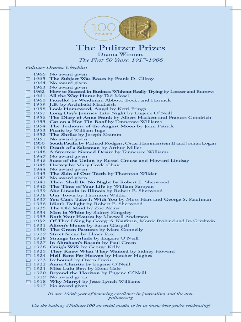 Pulitzer Bookamrk Drama | PDF | Dramatists And Playwrights | Award Winners