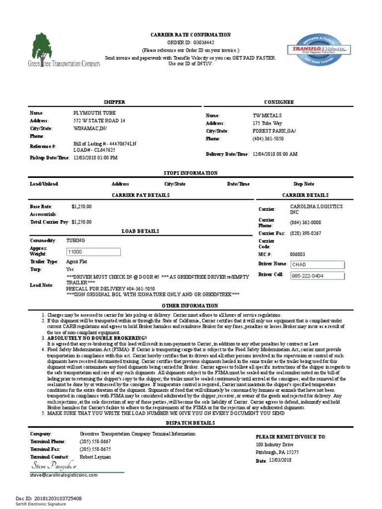 Carrier Rate Confirmation G3036442 PDF | PDF | Cargo | Transport