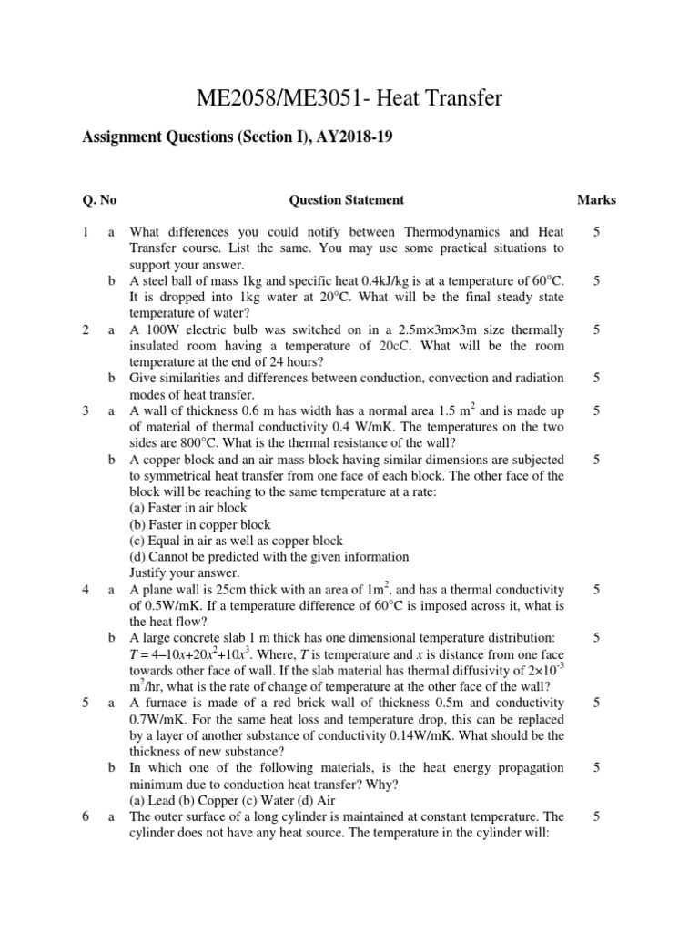 Assignment Questions - Heat Transfer | PDF | Heat Transfer | Thermal ...