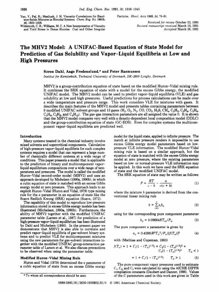 The Model: A UNIFAC-Based Equation of State Model For Prediction of Gas ...