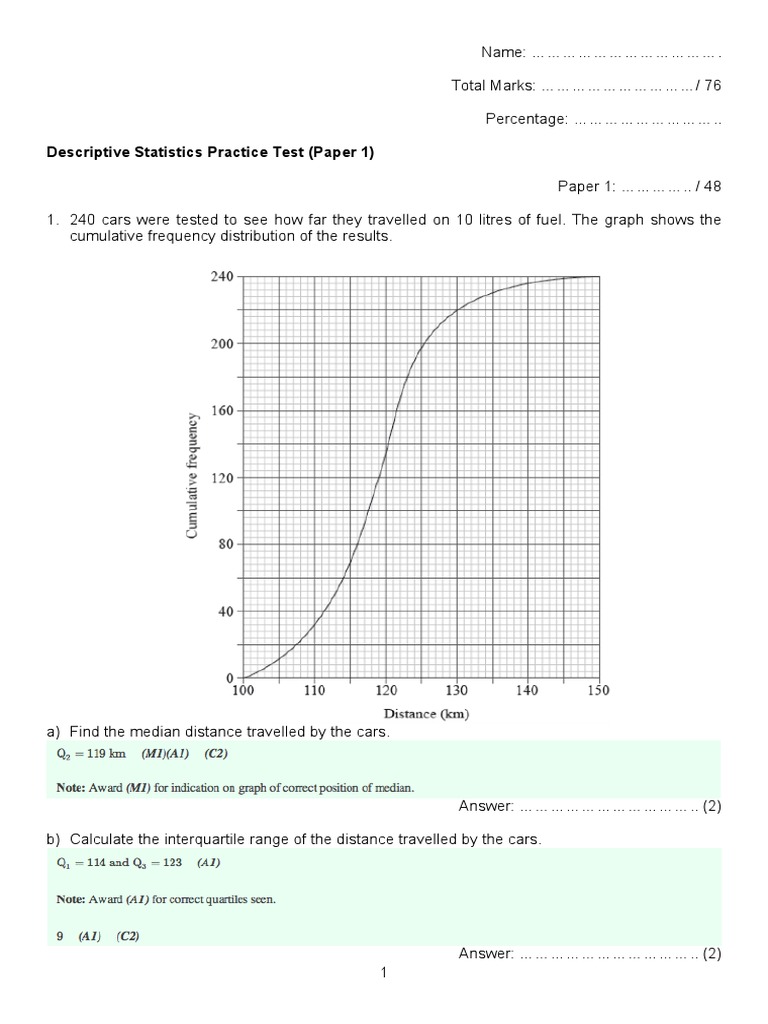 Descriptive Statistics Practice Test | PDF | Median | Mean