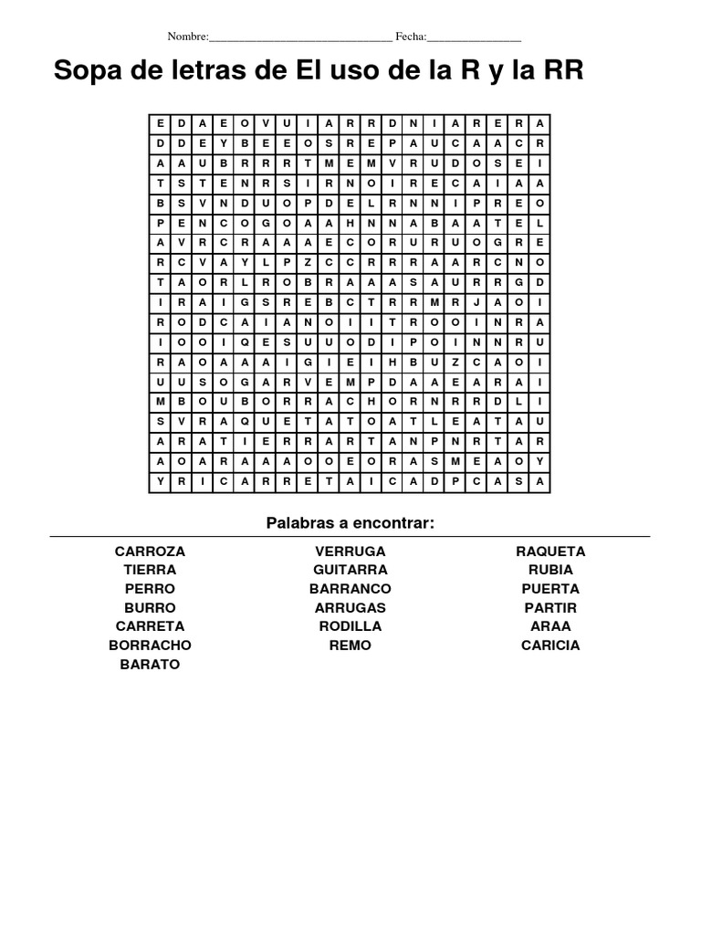 Sopa de Letras de El Uso de La R y La RR | PDF