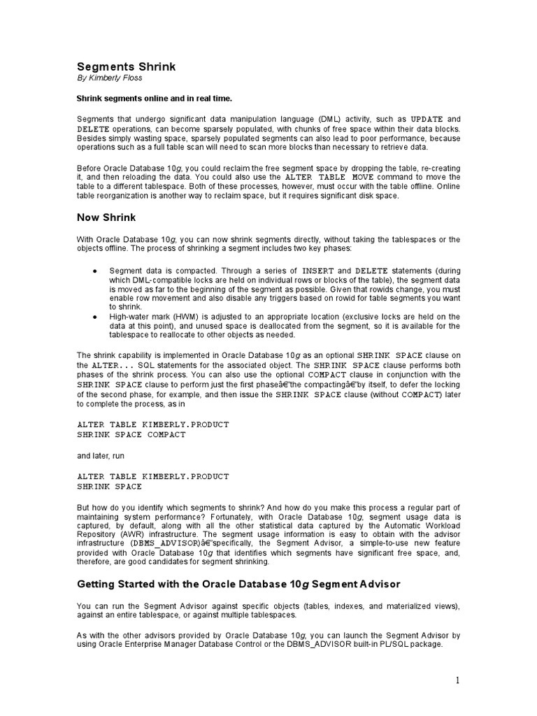 Shrink Segments in Oracle 10g Explained | PDF | Oracle Database | Pl/Sql