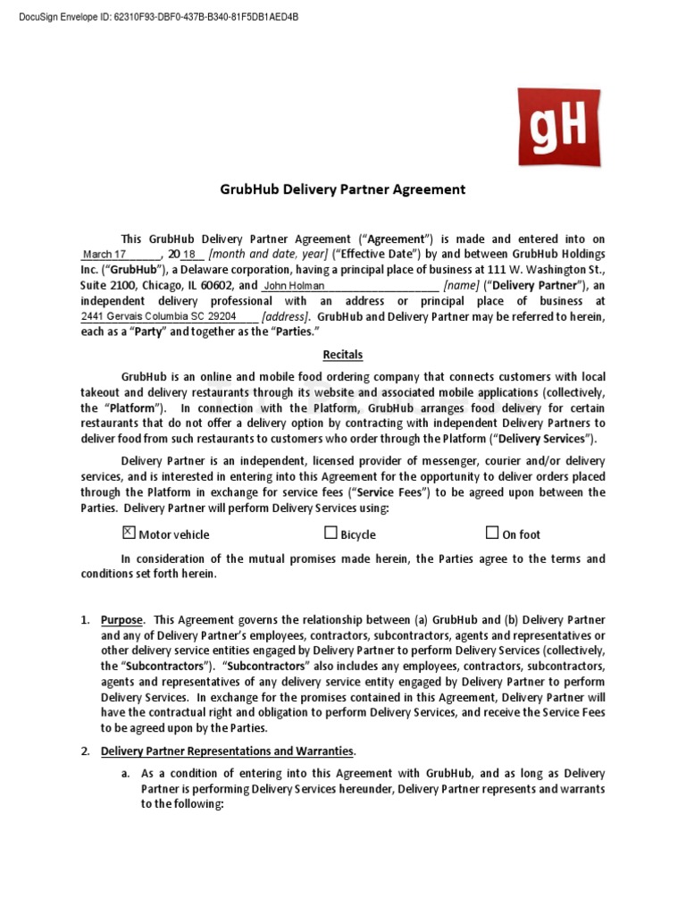 Grubhub Delivery Partner Agreement | PDF | Indemnity | Class Action