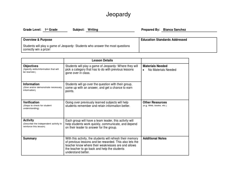 Jeopardy Game for 1st Grade Writing | PDF