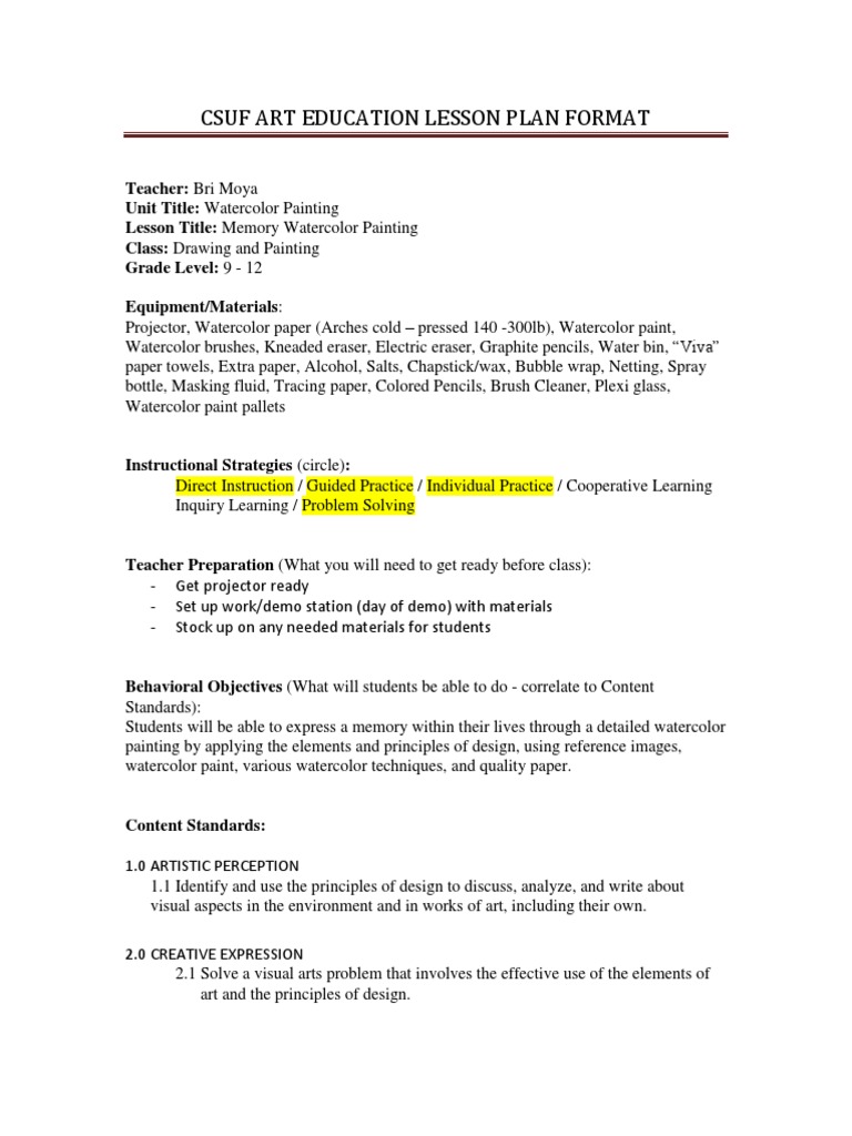 Memory Watercolor Painting Lesson Plan Autosaved | PDF | Paintings | Lesson Plan