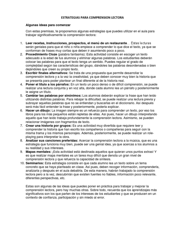 Estrategias para Comprension Lectora | PDF | Comprensión lectora ...