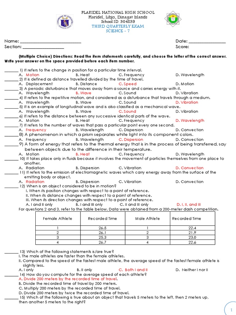 GRADE 7 FINALS 3rd Grading (With Answers) | PDF | Wavelength | Waves