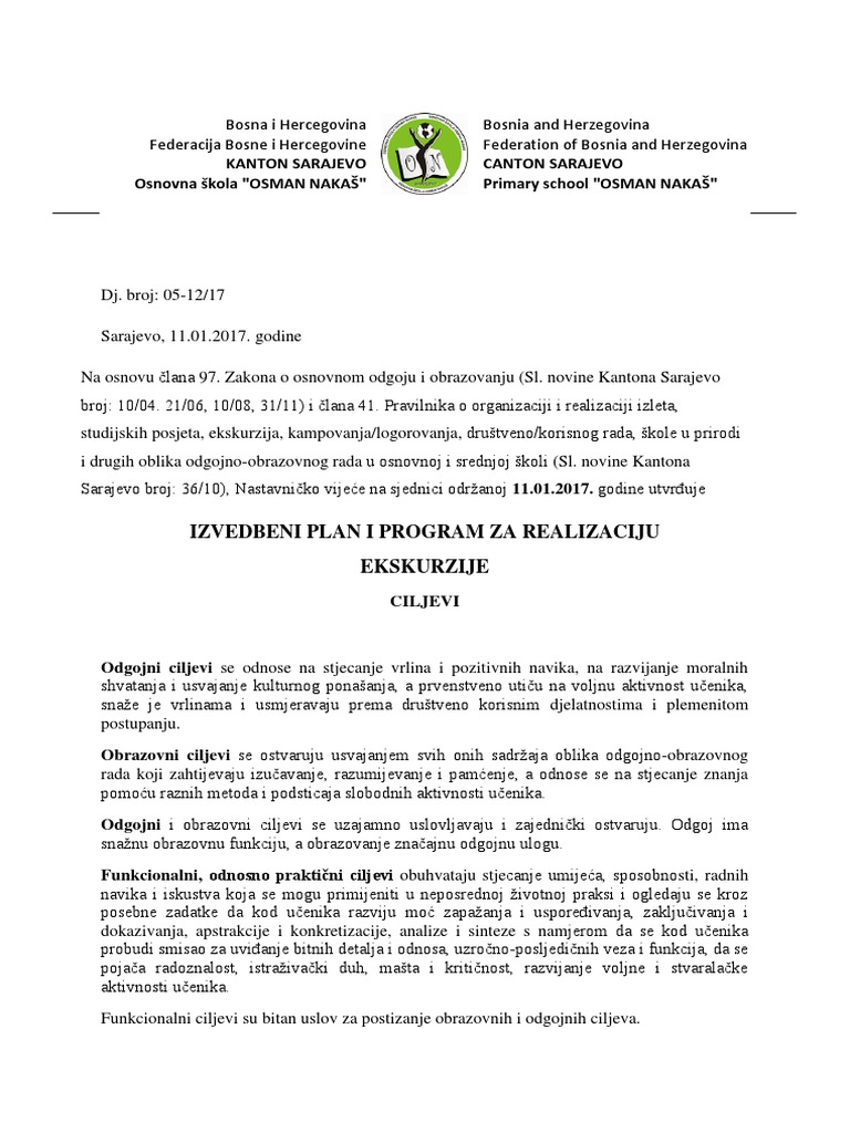 Izvedbeni Plan Ekskurzije 2016 2017 | PDF