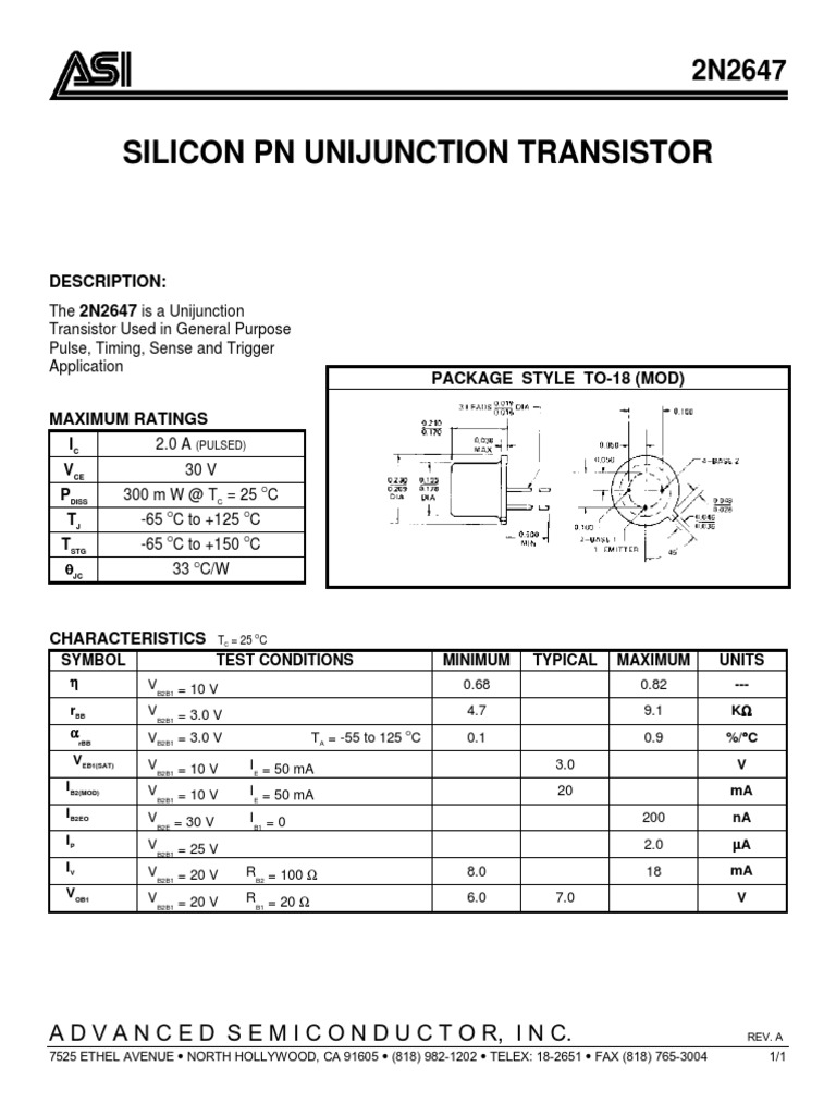Silicon PN Unijunction Transistor: Description: 2N2647 | PDF