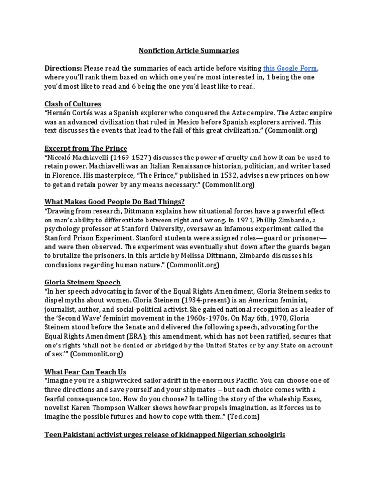 tp18 Nonfiction Article Summaries | PDF | The Prince