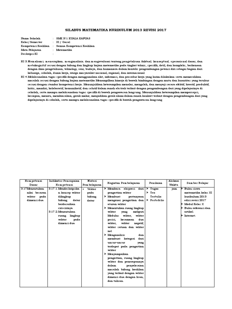 SILABUS Matematika Kelas XI REV 2017 Semester Gasal | PDF