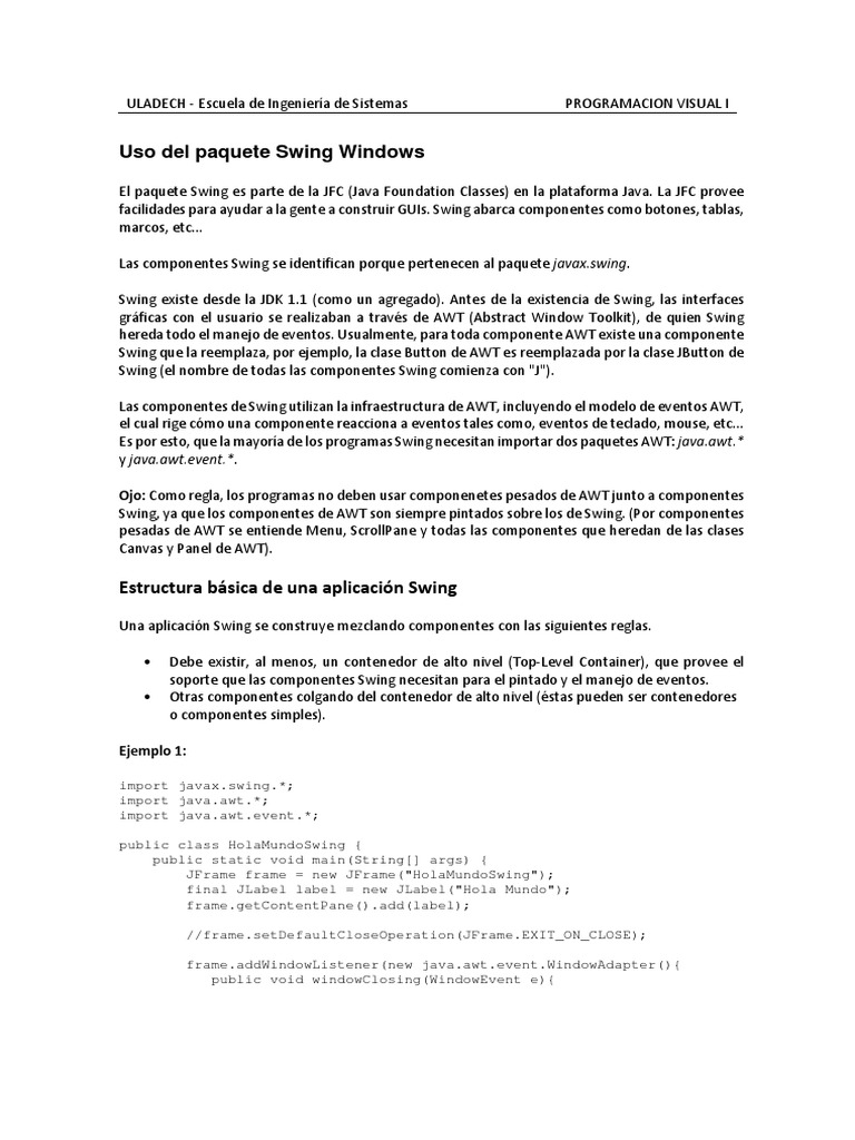 Uso Del Paquete Swing Windows | PDF | Interfaces gráficas de usuario | Java (lenguaje de ...