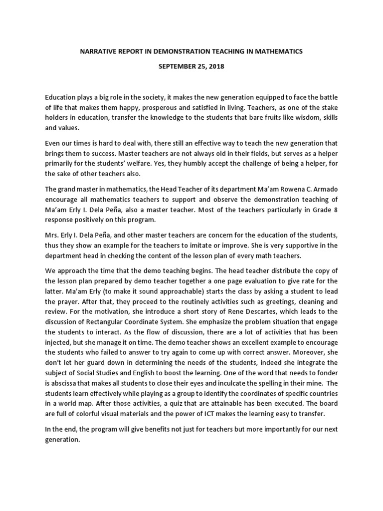 Narrative Report in Demonstration Teaching in Mathematics | PDF ...