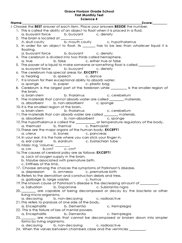 Grace Horizon Grade School First Monthly Test Science 4 Name: - Score ...
