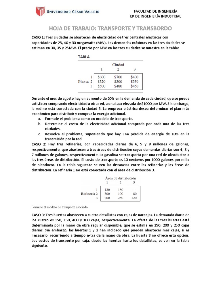Hoja de Trabajo Transporte | PDF | Transporte | Euro