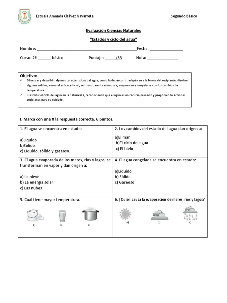 Evaluación del Ciclo del Agua 2º Básico | PDF | El ciclo del agua ...